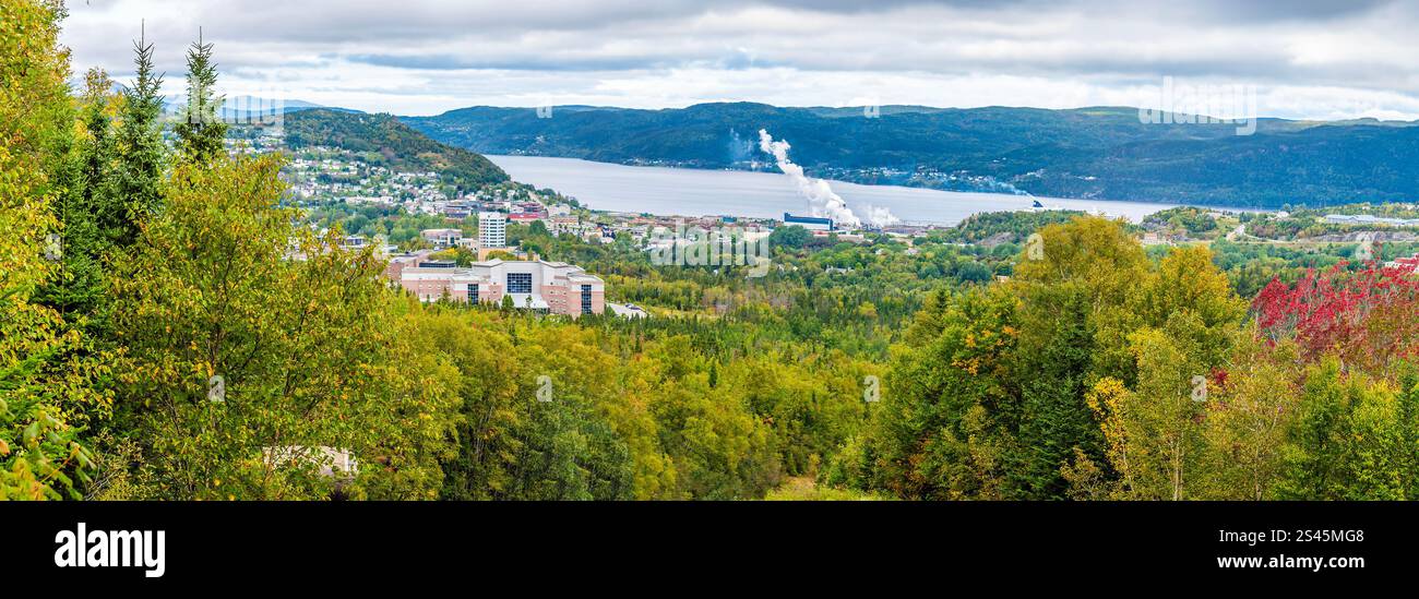 A panorama view above Corner Brook in Newfoundland, Canada in the fall ...