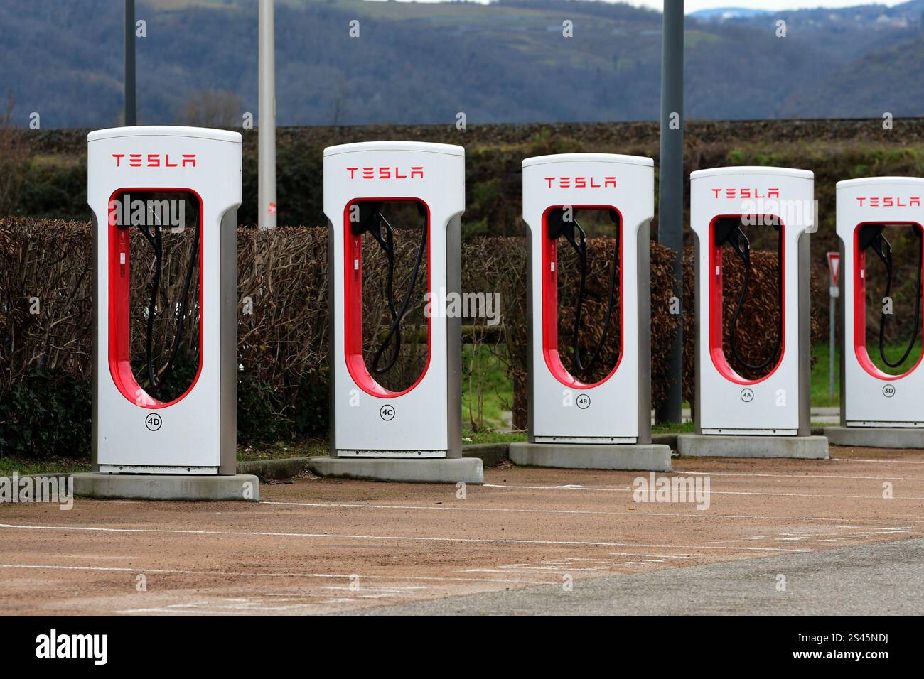 A view of a Tesla electric car charging station. (Photo by Romain ...