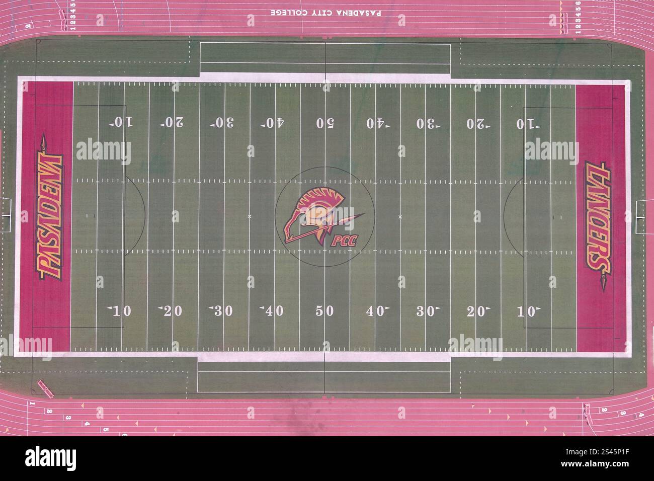 A general overall aerial view of the Pasadena City College Lancers logo ...