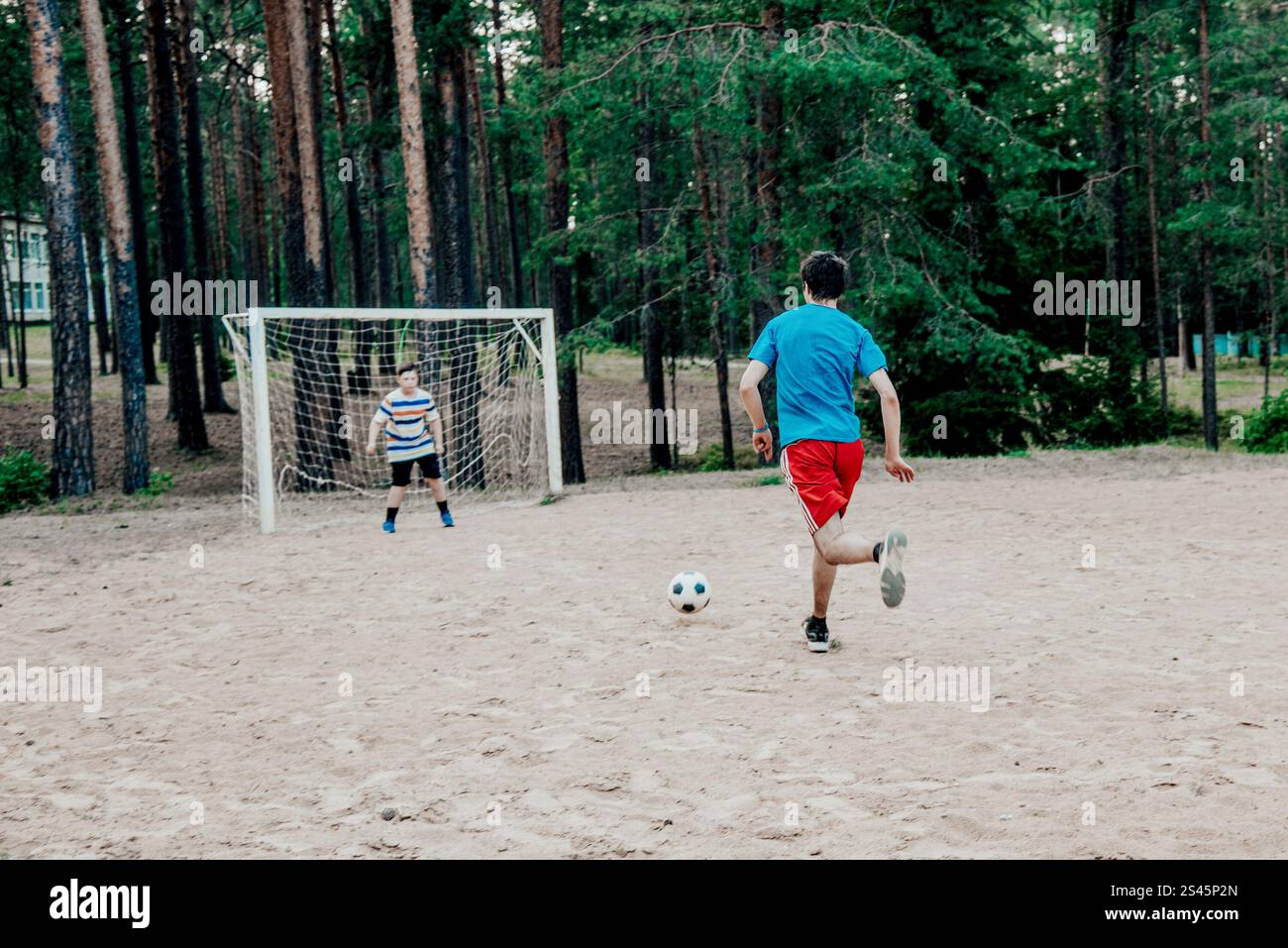 Football match on the soccer field, fans are sitting in the stands ...
