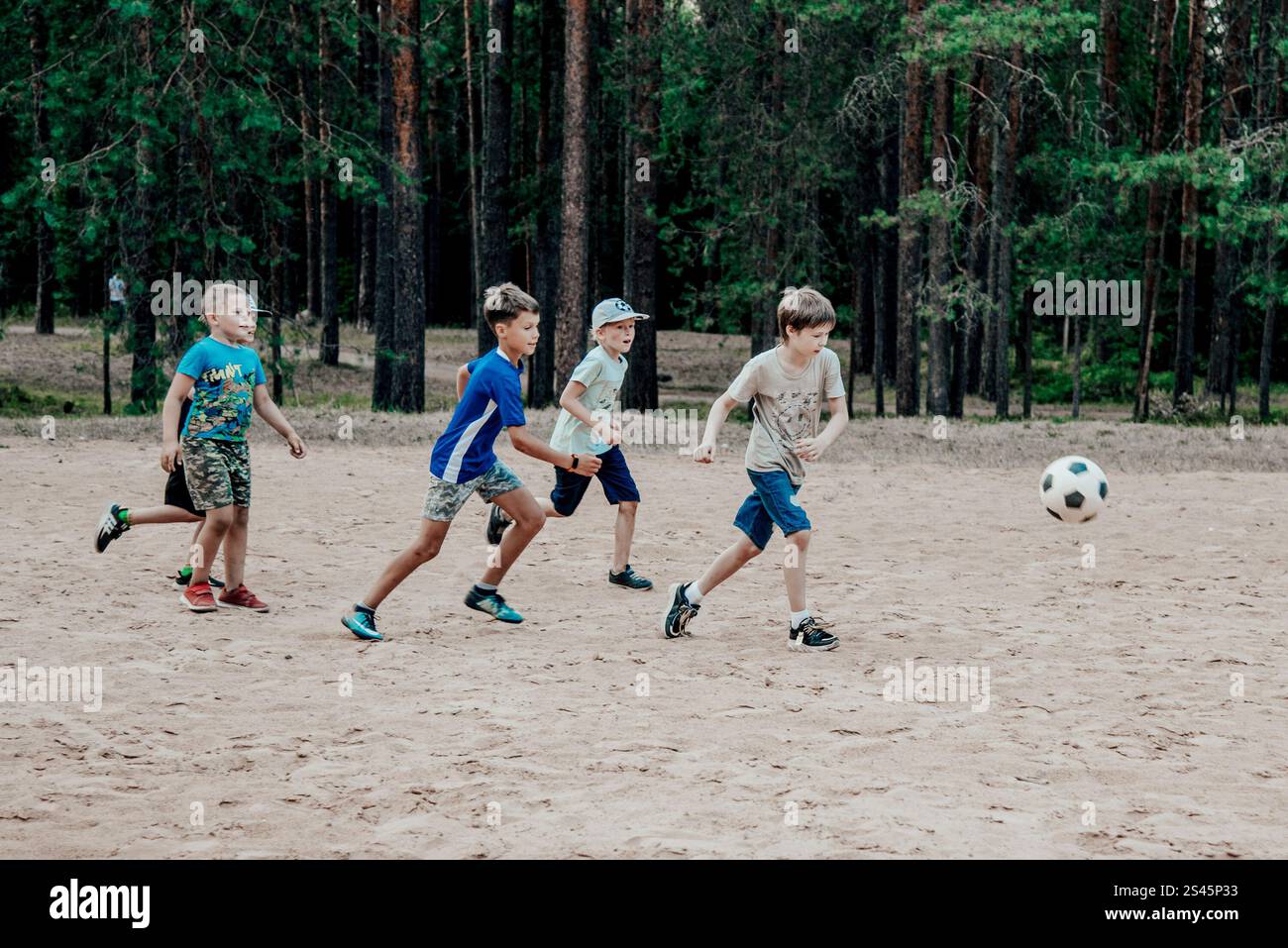 Football match on the soccer field, fans are sitting in the stands ...