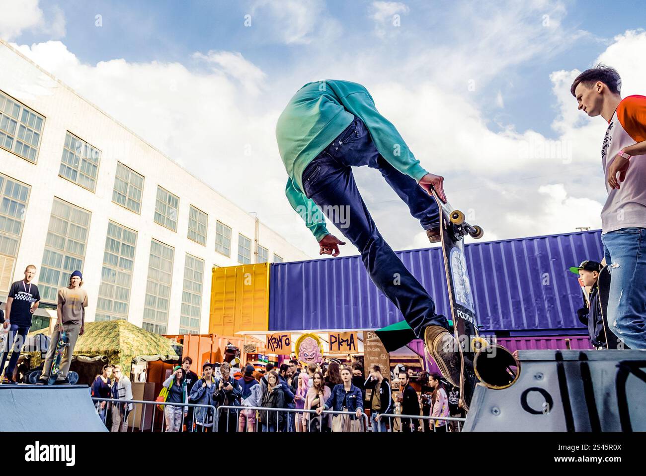 Skateboard contest is an outdoor competition in a skatepark, young ...