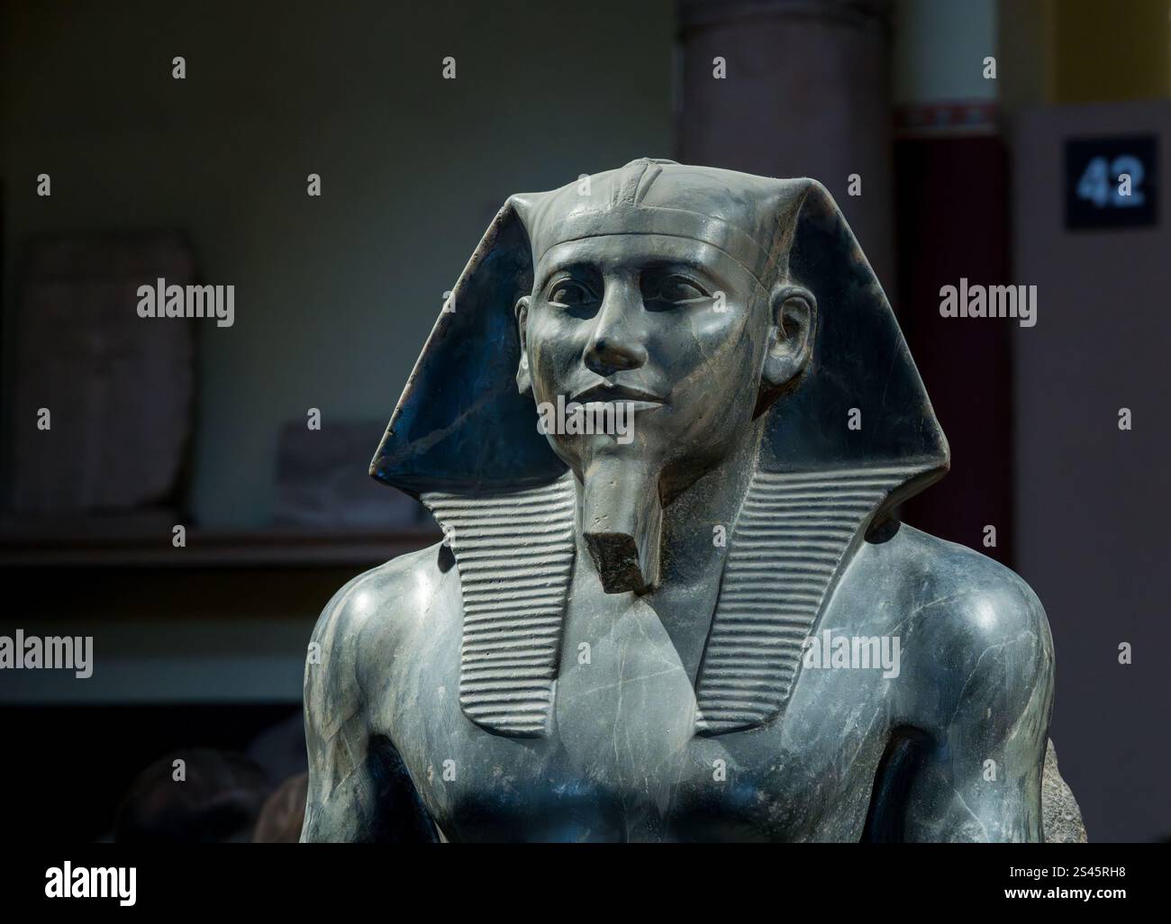 Detail of the head of the historic Khafre statue in the Egyptian museum ...