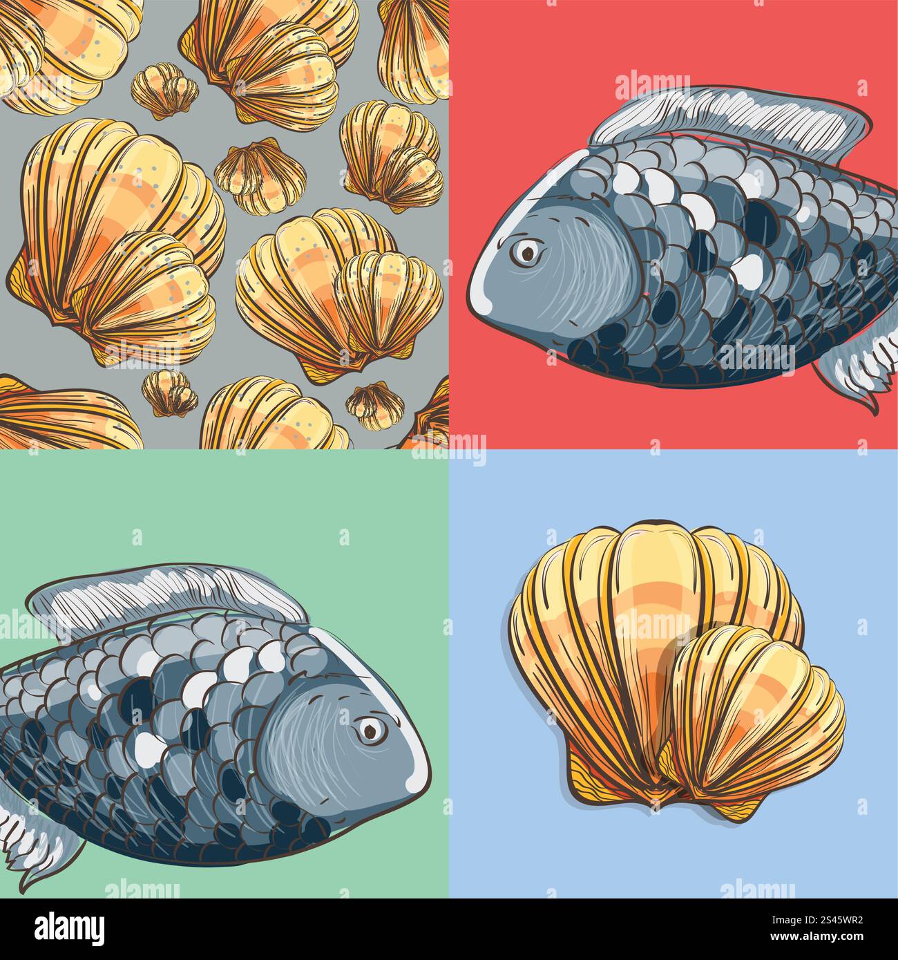 Illustration of hand drawn sea collection fish and seashell Stock ...