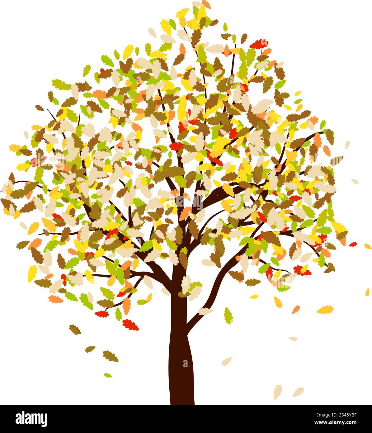 Autumn oak tree with falling leaves. Vector illustration Stock Vector ...