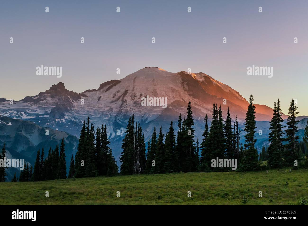 The iconic glaciated peak of Mt. Rainier as seen as the sun sets in Mt ...