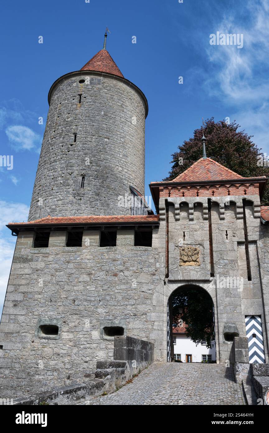 Romont, Switzerland- Sep 24, 2024: The main gate of. the Chateau de ...