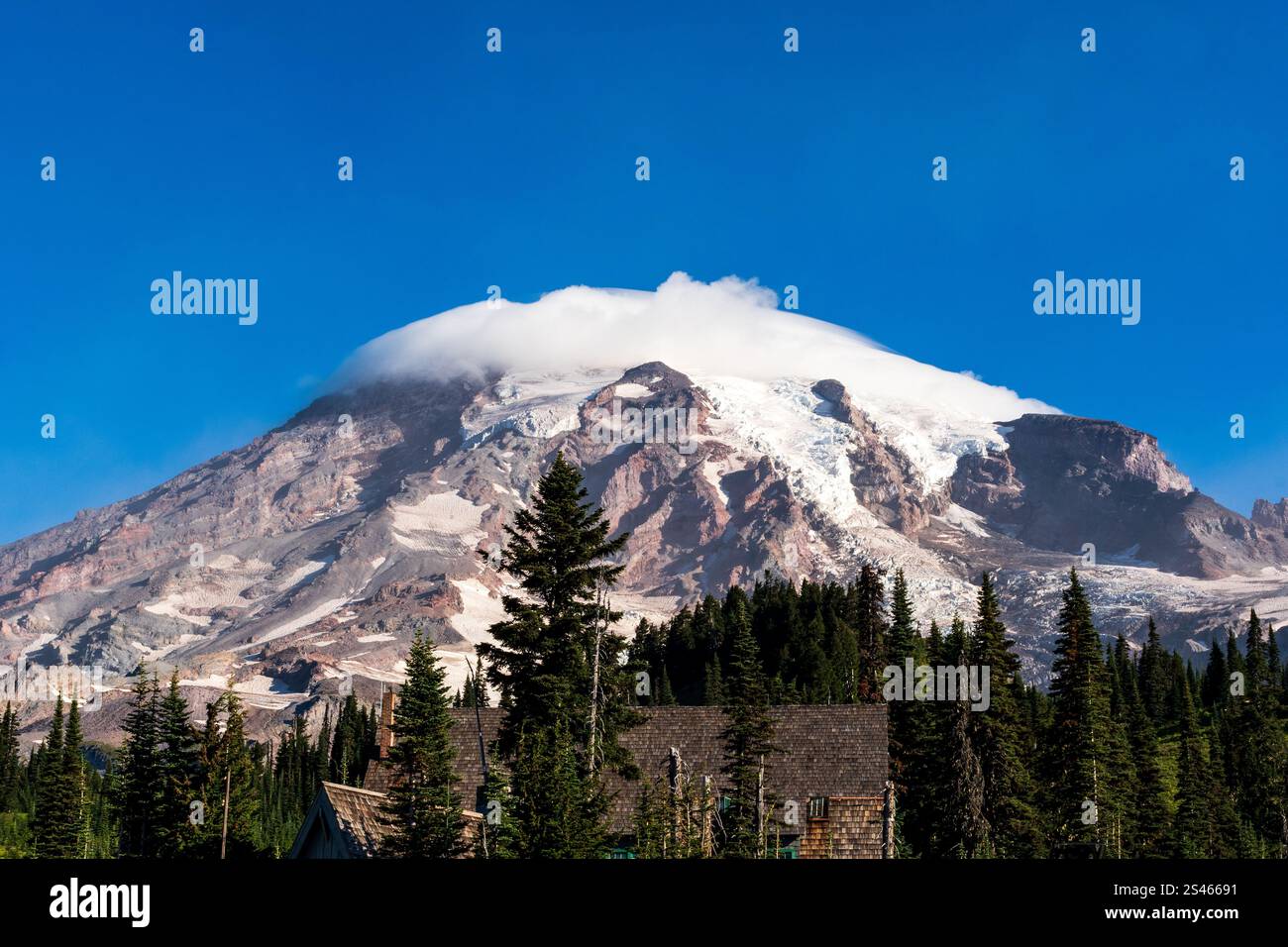 The iconic glaciated peak of Mt. Rainier as seen in Mt. Rainier ...