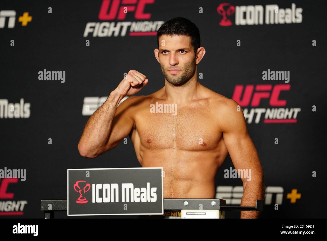 LAS VEGAS, NV - JANUARY 10: Thiago Moisés steps on the scale for the ...