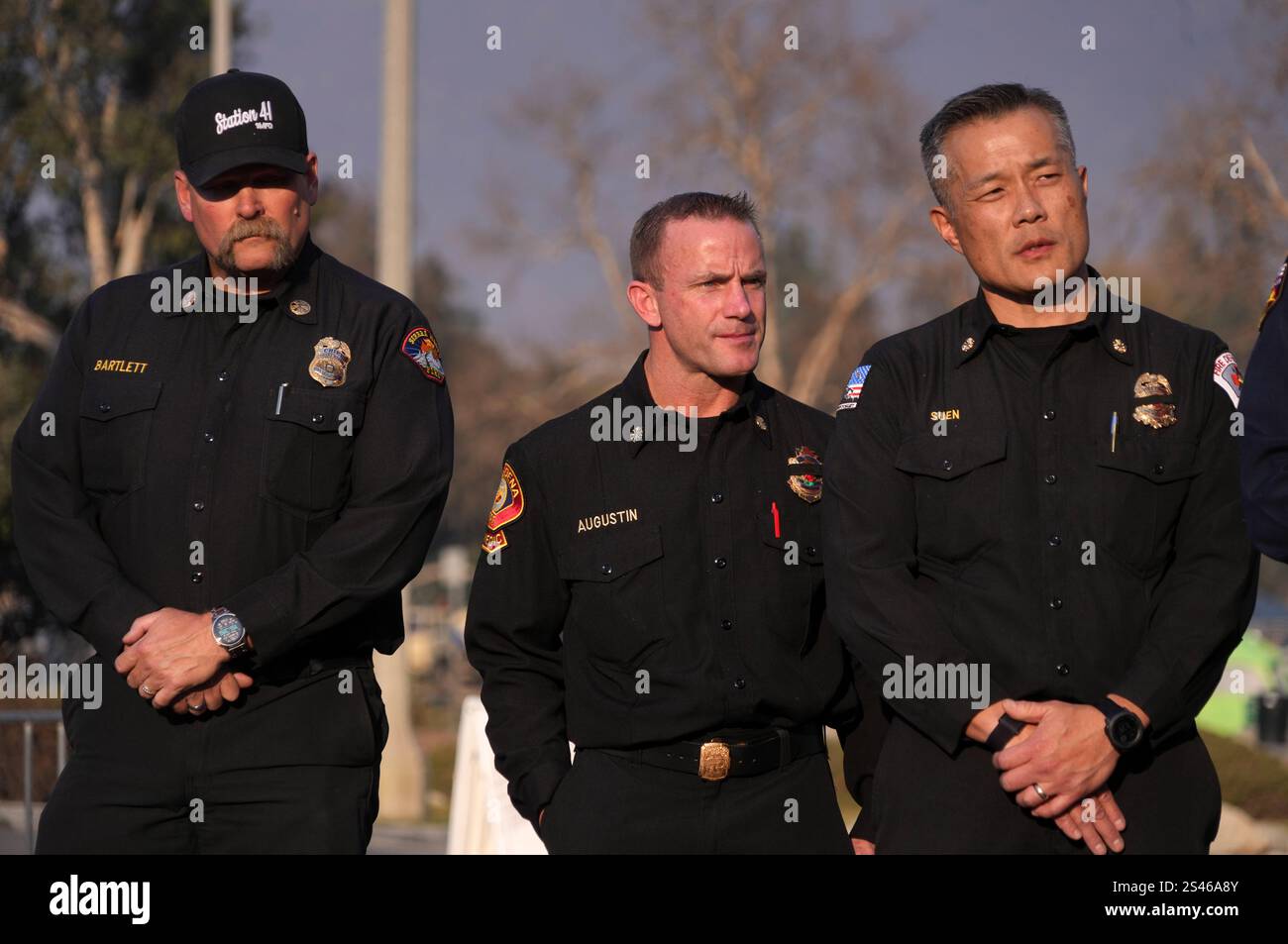 Sierra Madre Fire Dept. chief Brent Bartlett (left), Pasadena FIre Dept ...