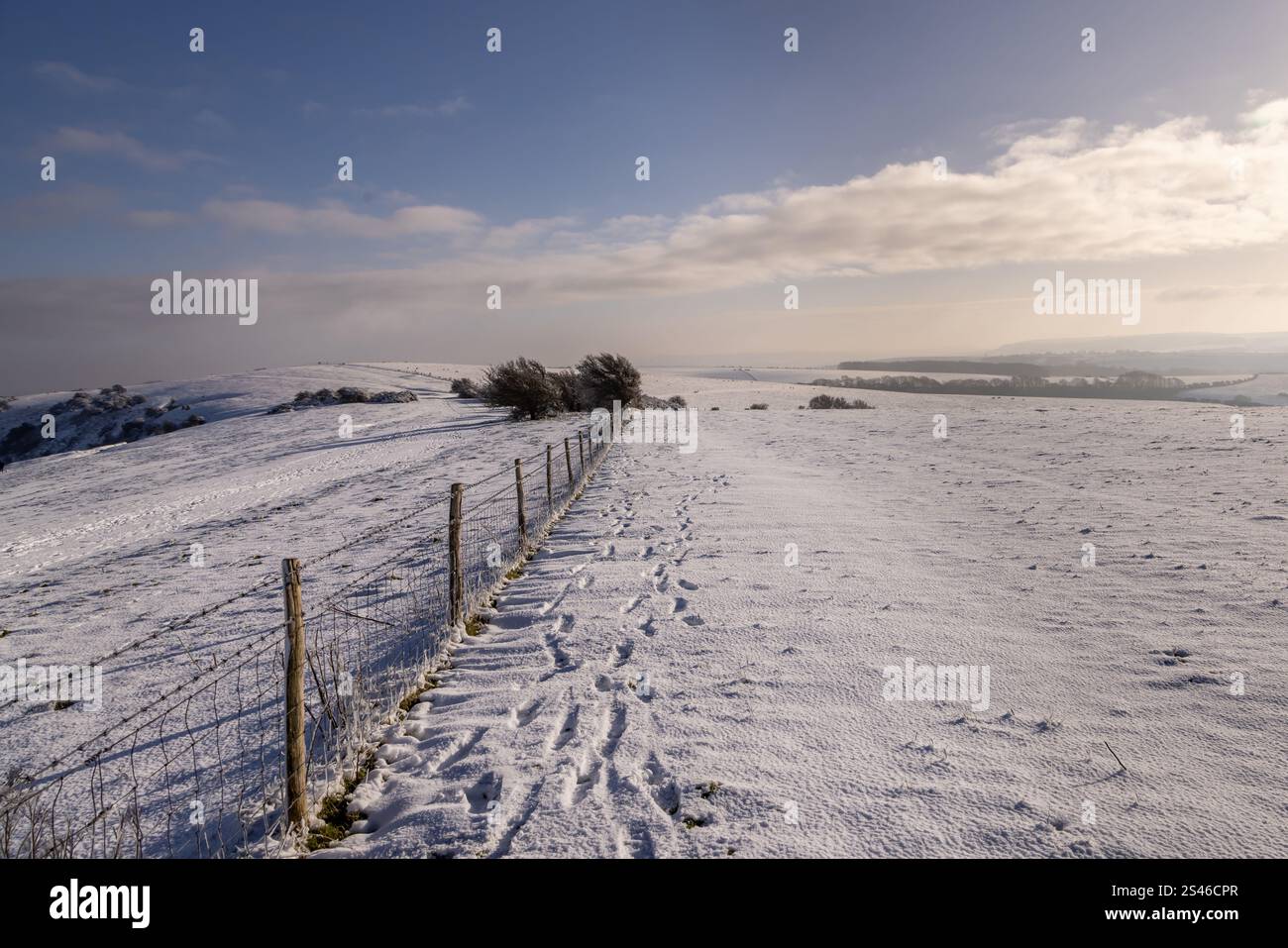 A sunny winter's day with snow on the ground, along the South Downs Way ...