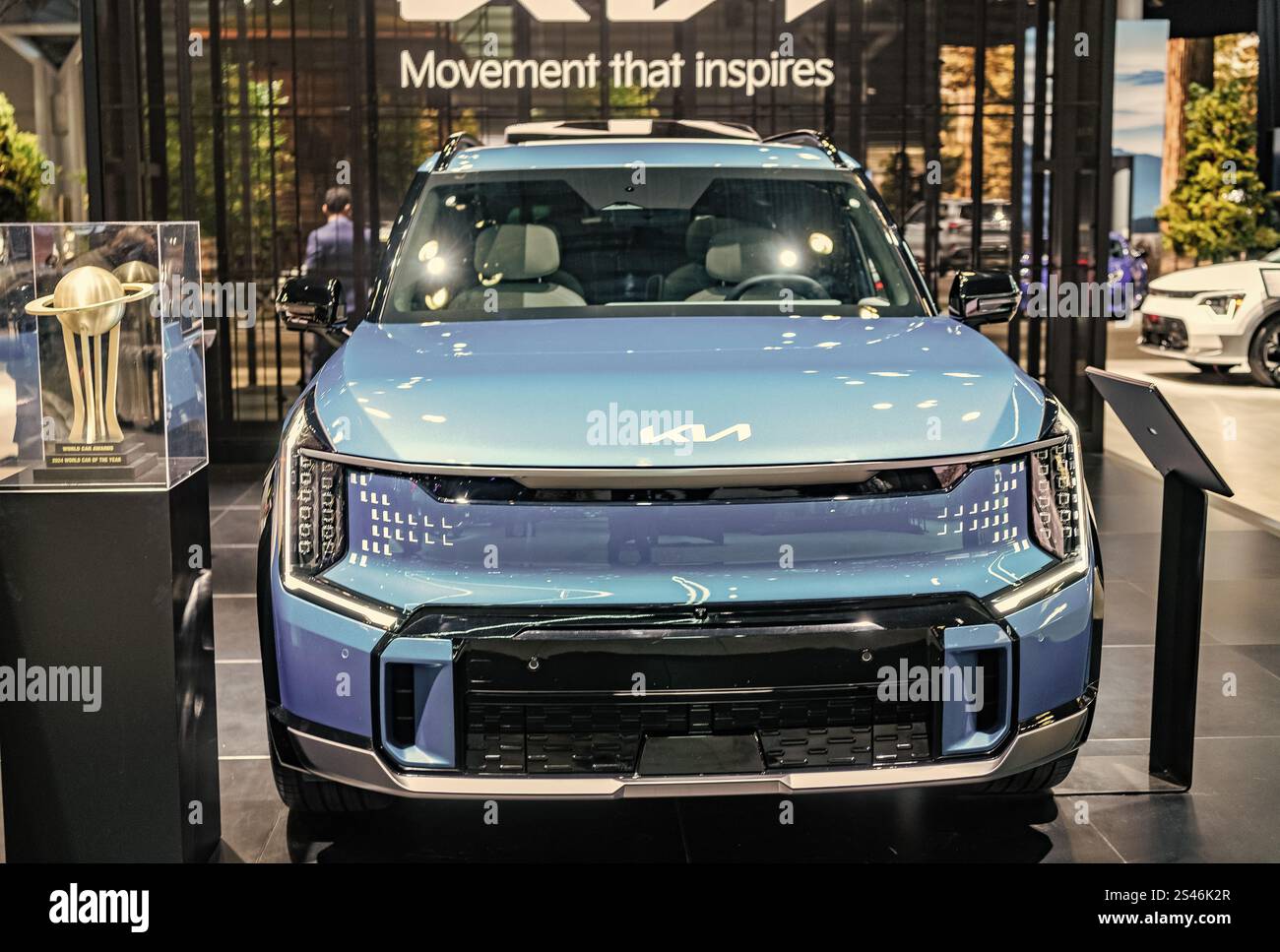 New York City, USA - March 27, 2024: Kia EV9 electric crossover blue ...