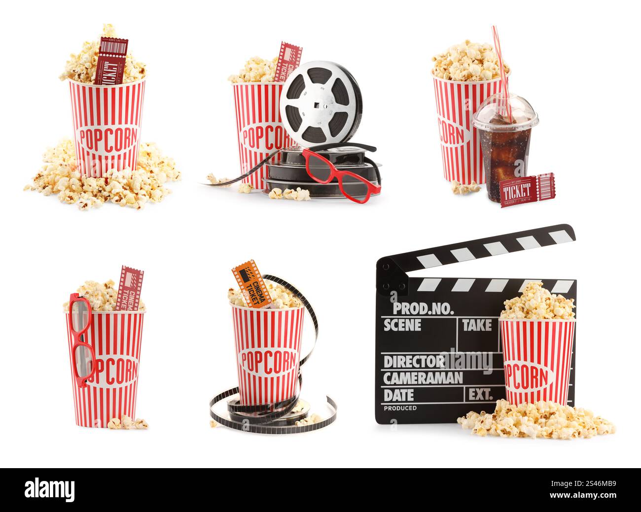 Popcorn, cinema tickets, clapper, glasses, soda drink and film reels on ...