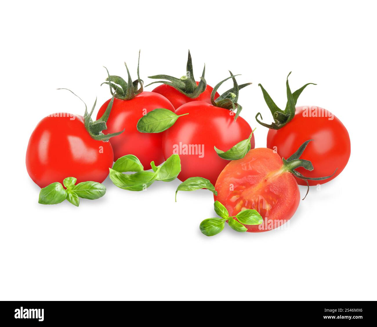 Fresh raw tomatoes and aromatic basil leaves isolated on white Stock ...