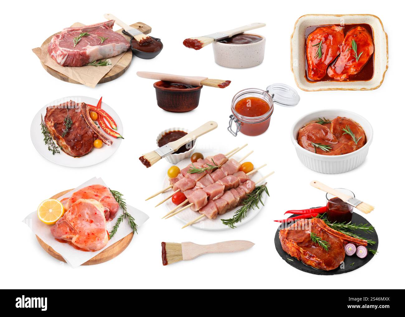 Marinade sauces and different types of marinated meat on white ...
