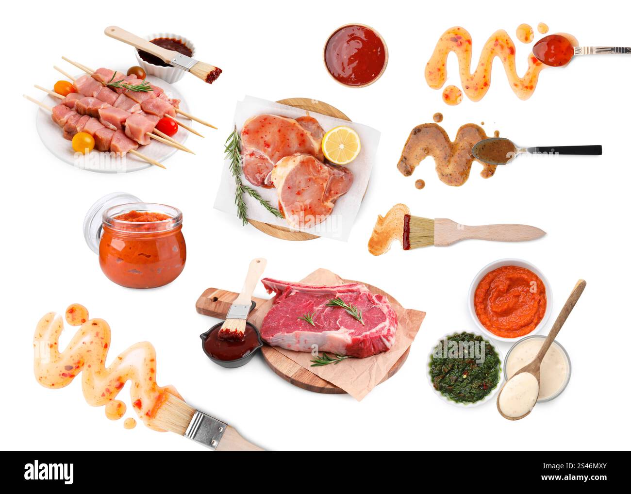 Marinade sauces and different types of marinated meat on white ...