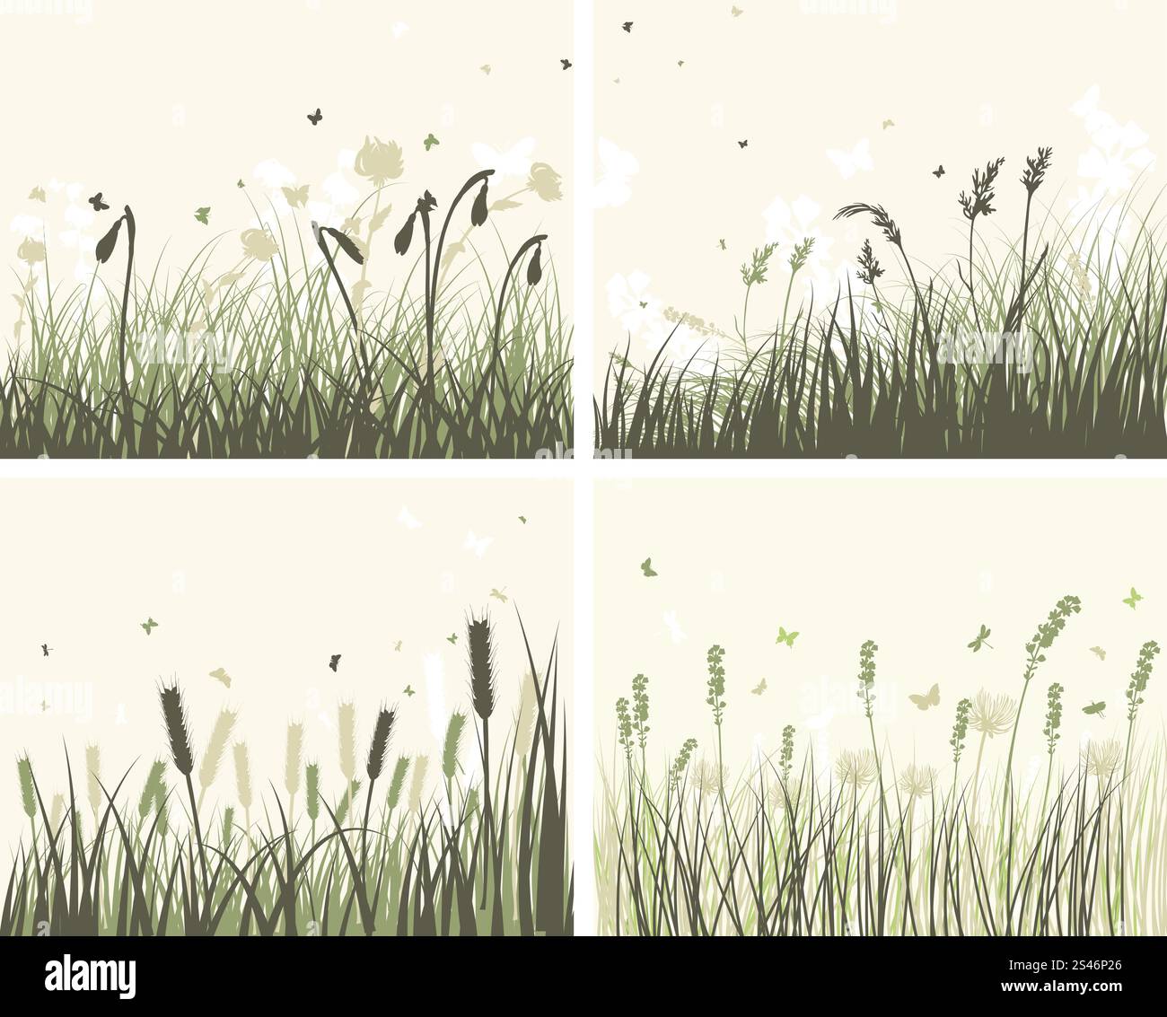 Set of 4 Meadow Backgrounds With Flowers and Butterflies Stock Vector ...