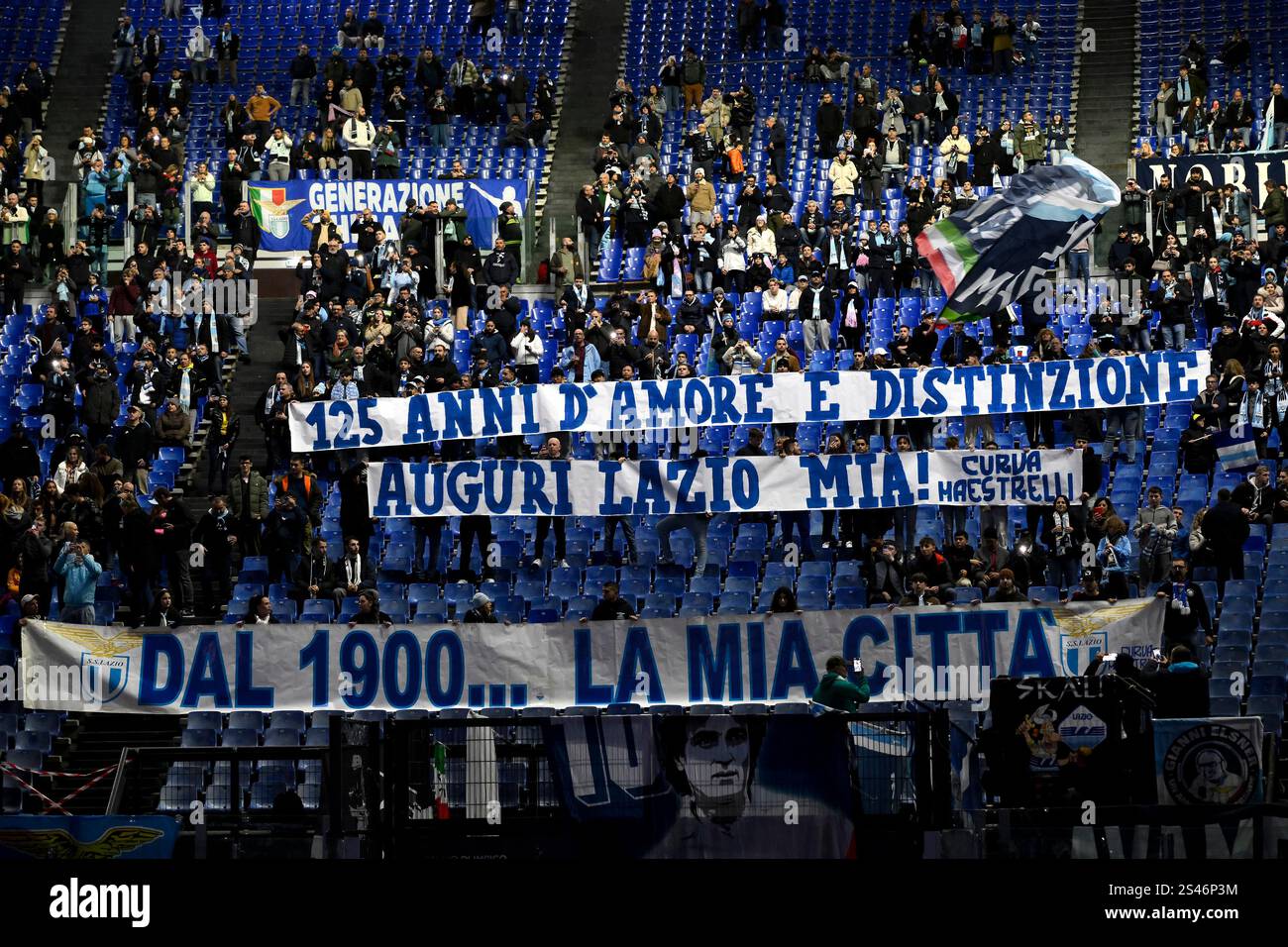 Rome, Italy. 10th Jan, 2025. Lazio fans display a banner for the 125th ...