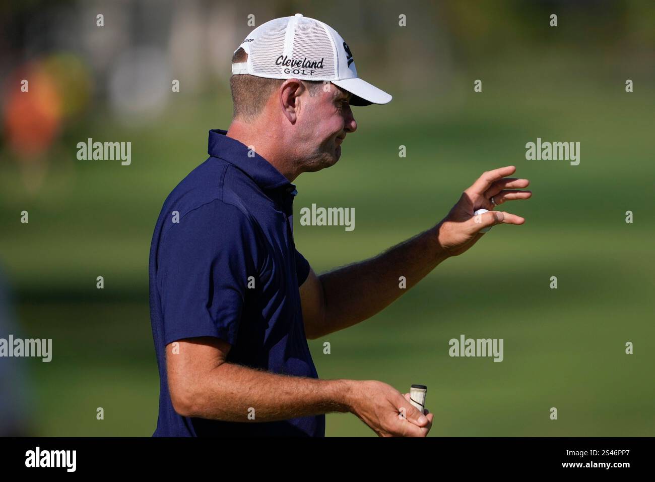 Lucas Glover reacts after making a shot on the ninth hole during the ...