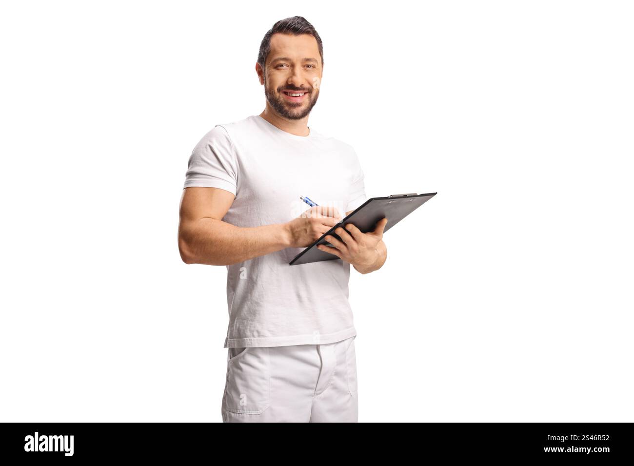 Massage therapist writing a document isolated on white background Stock ...