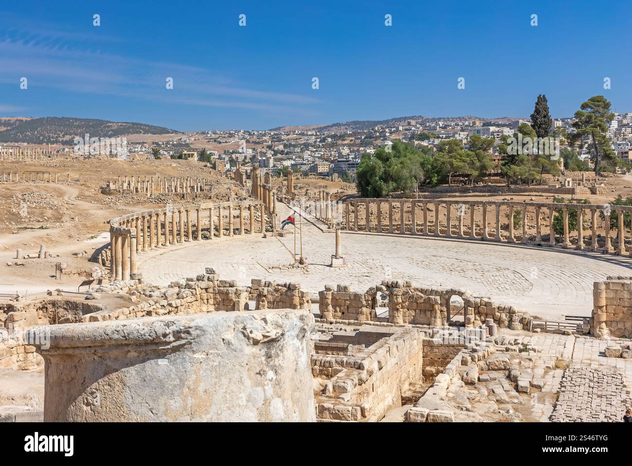 Aerial view of Oval Plaza from the Temple of Zeus at ruins of Jerash ...