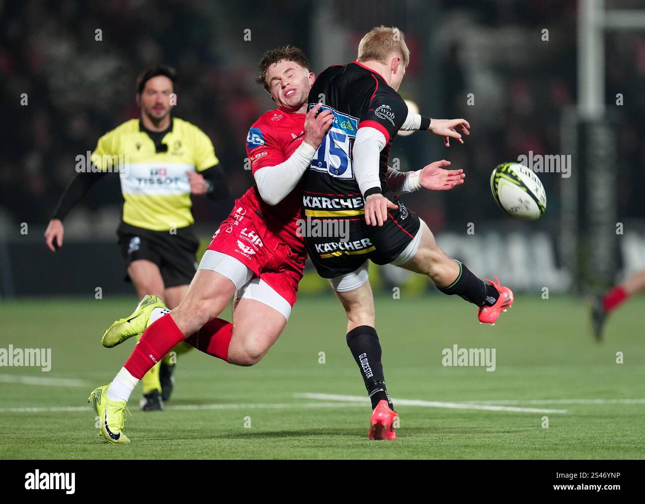 Gloucester's George Barton is tackled by Scarlets' Macs Page during the ...