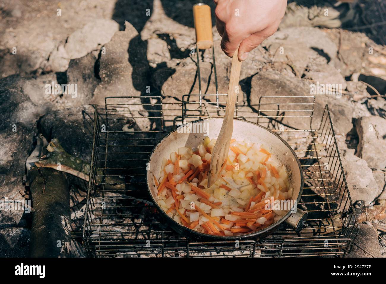 Camping Camp Kitchen, Travelers Cooking Food in Pots on a Campfire ...