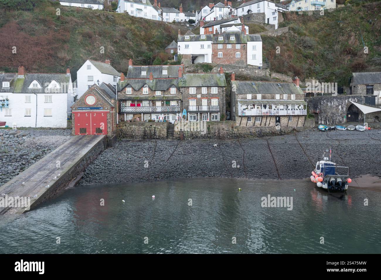 Clovelly.Devon.United Kingdom.January 19th 2024.View from the quay of ...