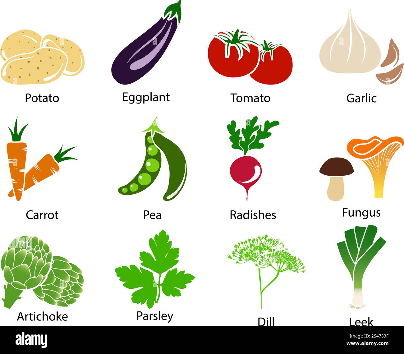 Set of cute vegetable icons with title over white background. Vector ...