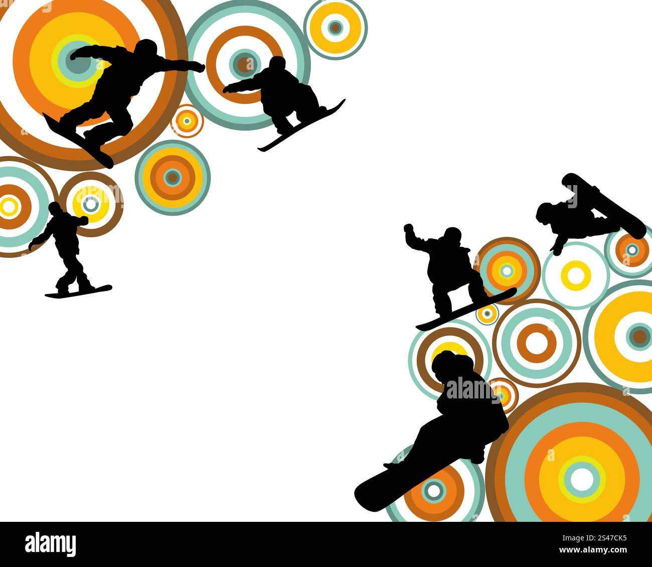 Jumping snowboarder silhouette over abstract circles retro colors ...