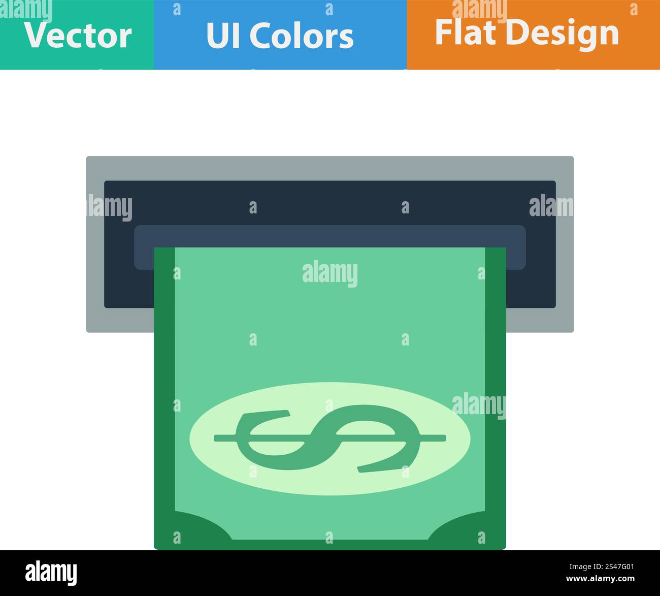 Flat design icon of dollar banknote sliding from atm slot in ui colors. Vector illustration ...