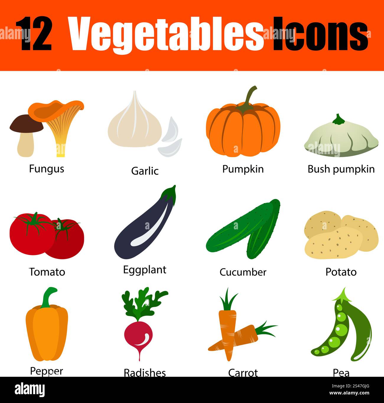 Flat design vegetables icon set with titles in ui colors. Vector ...