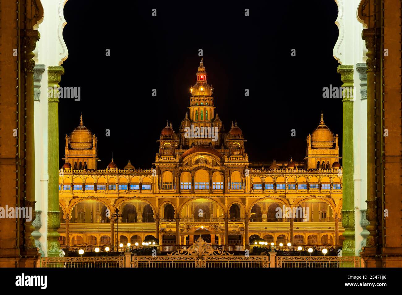 Historic Mysore Maharaja palace illuminated in the night time with ...