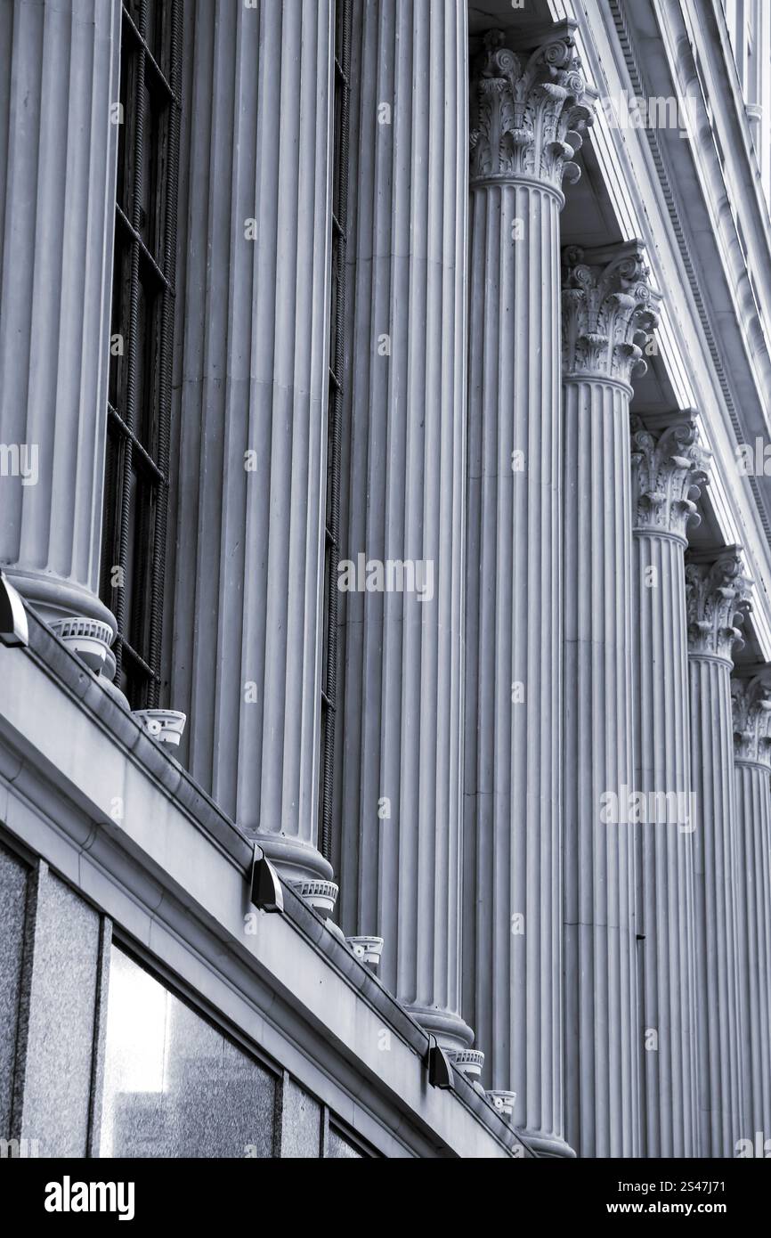 Pillars of a tall historic building in Detroit gray color tone Stock ...