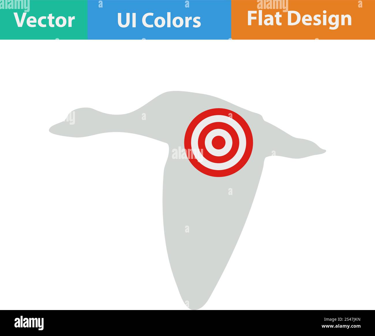 Flat design icon of flying duck silhouette with target in ui colors ...