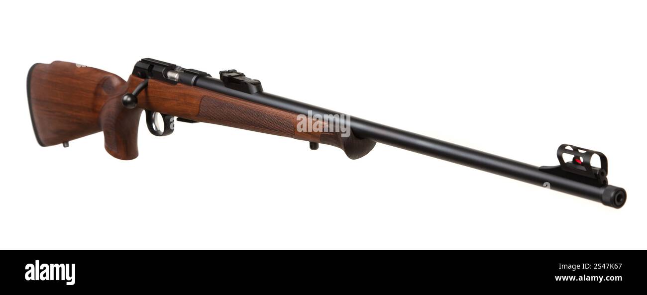.22lr caliber small-bore rifle with a wooden stock and black barrel ...