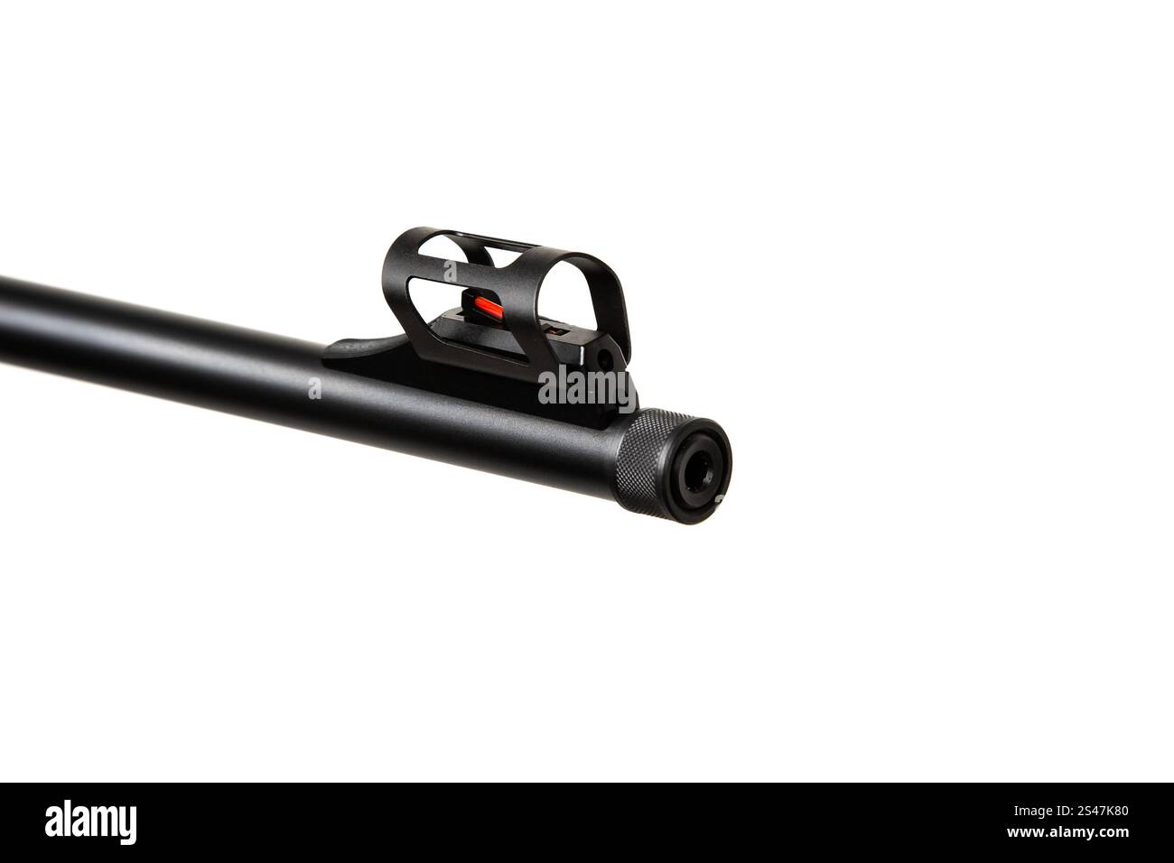 The image shows the front sight of a firearm barrel with a fiber optic ...