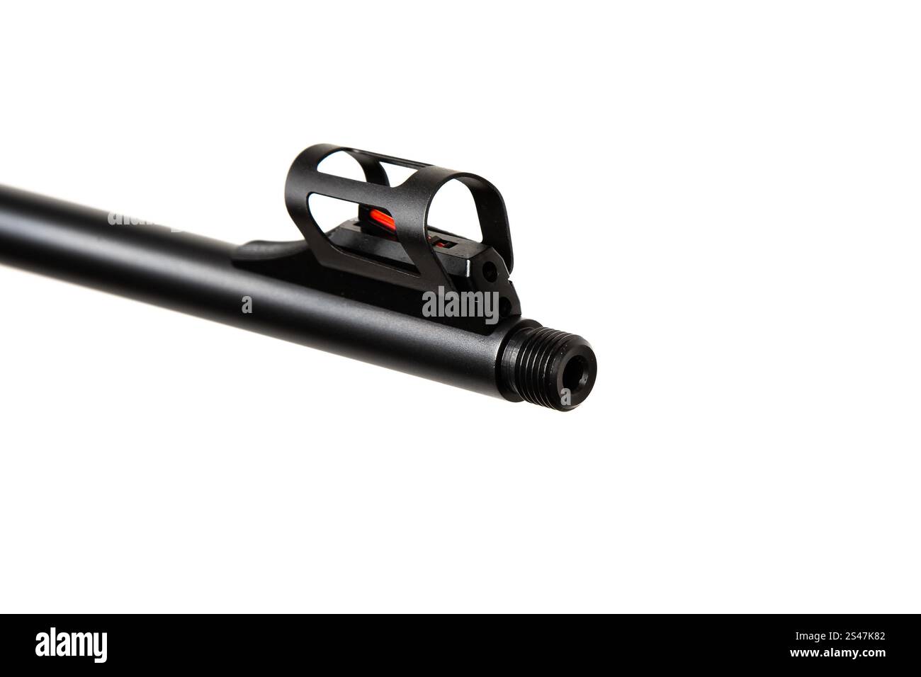 The image shows the front sight of a firearm barrel with a fiber optic ...