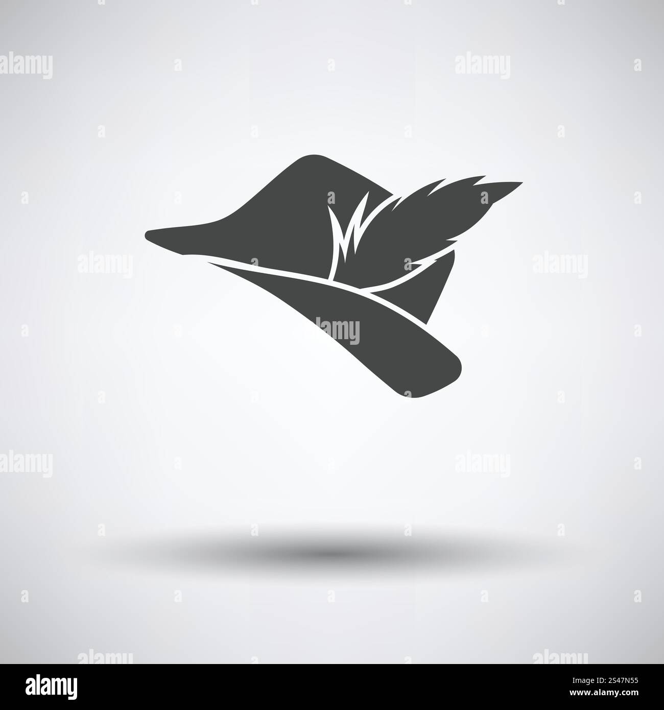 Hunter hat with feather icon on gray background with round shadow ...
