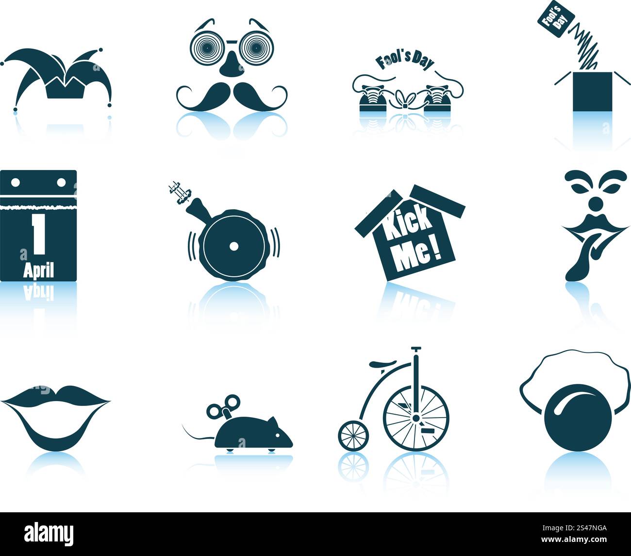 Set of twelve April Fool’s day icons with reflections. Vector ...