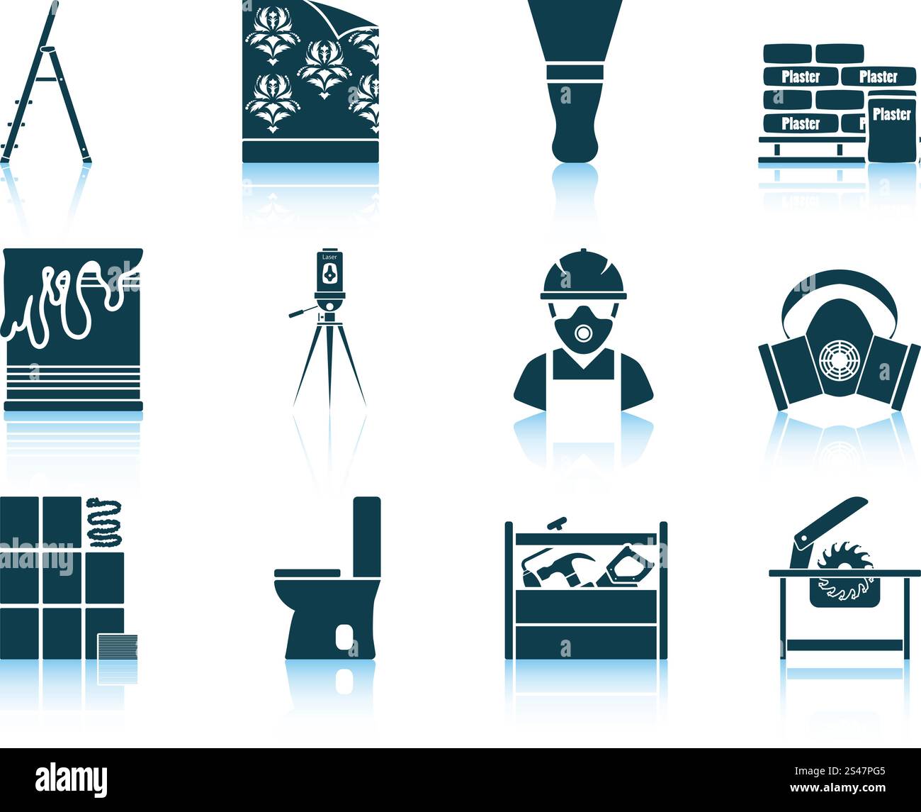 Set of twelve flat repair icons with reflections. Vector illustration ...
