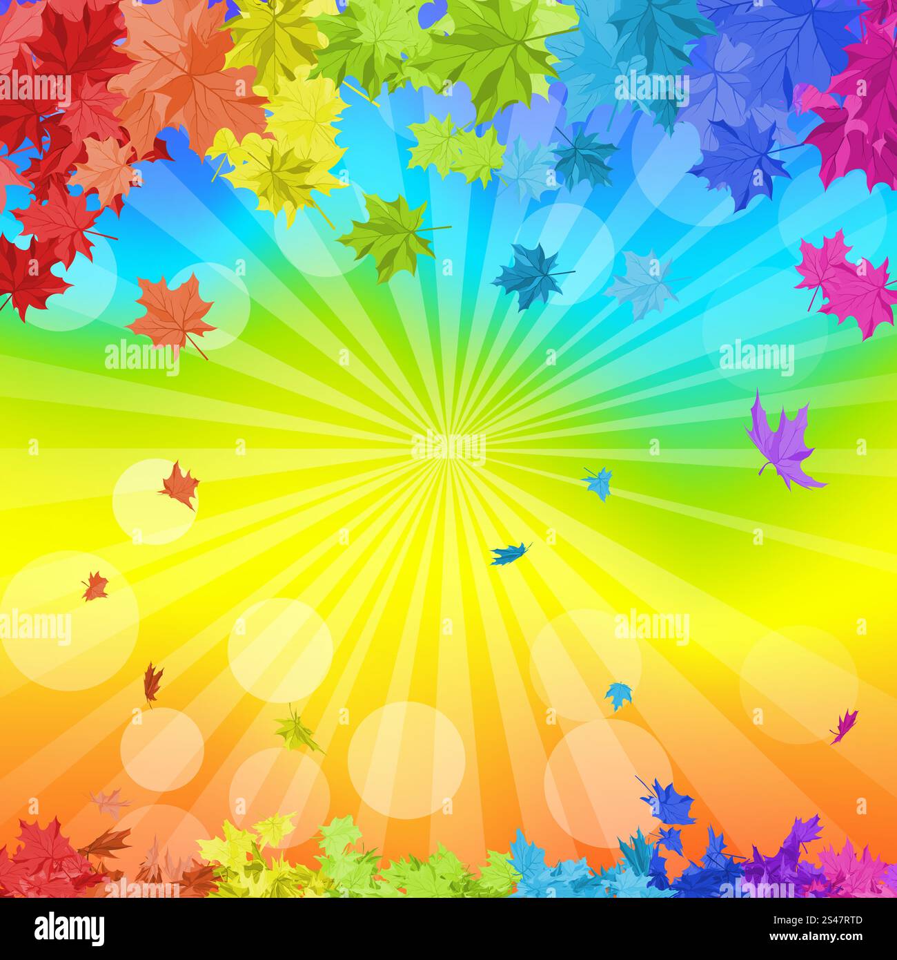 Autumn frame with falling maple leaves in rainbow colors and sun beams ...