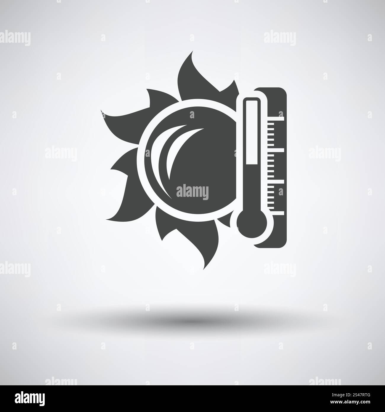 Sun and thermometer with high temperature icon on gray background with ...