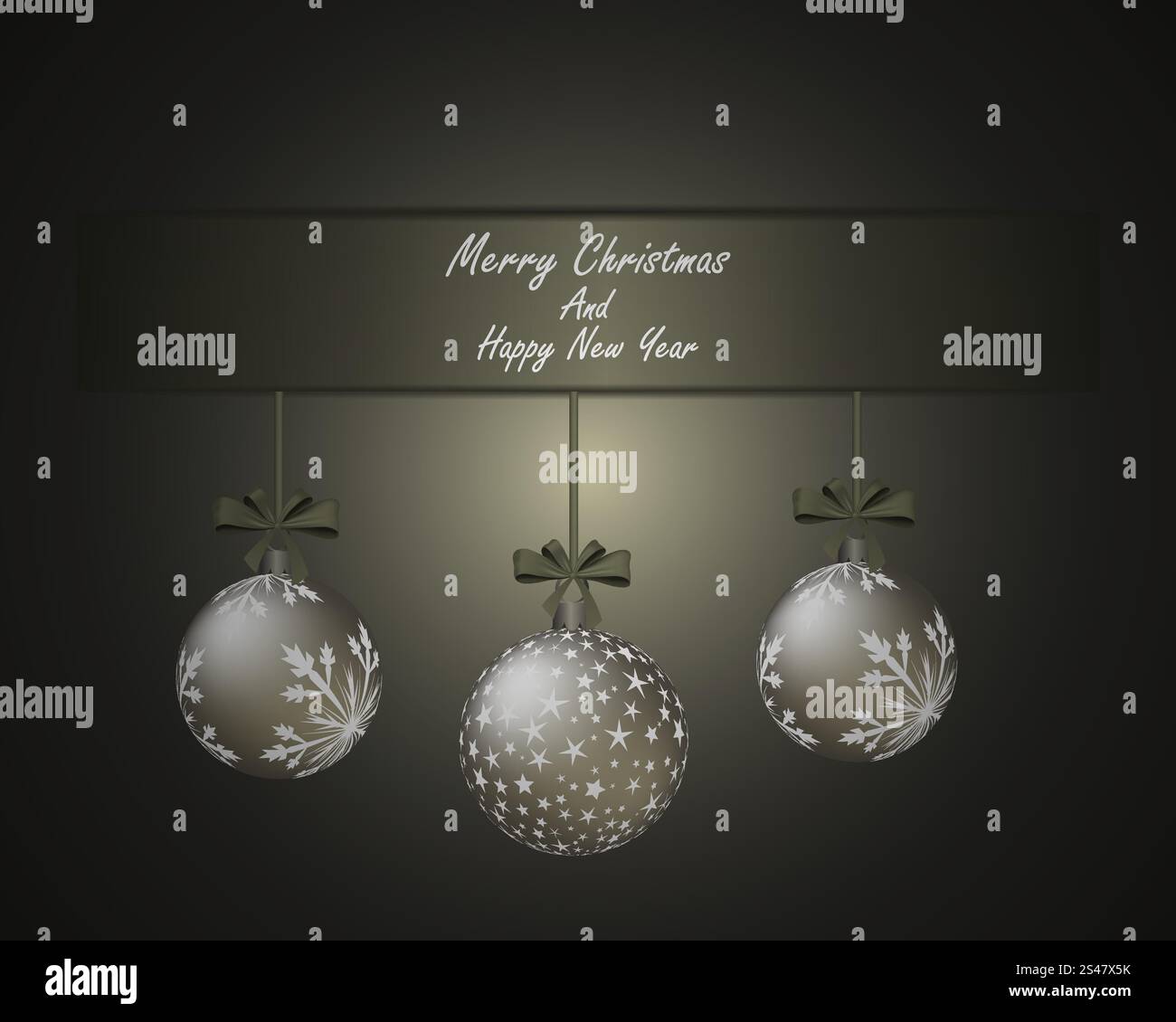 Elegant Christmas greeting card with ribbon and fir balls hanged on it ...