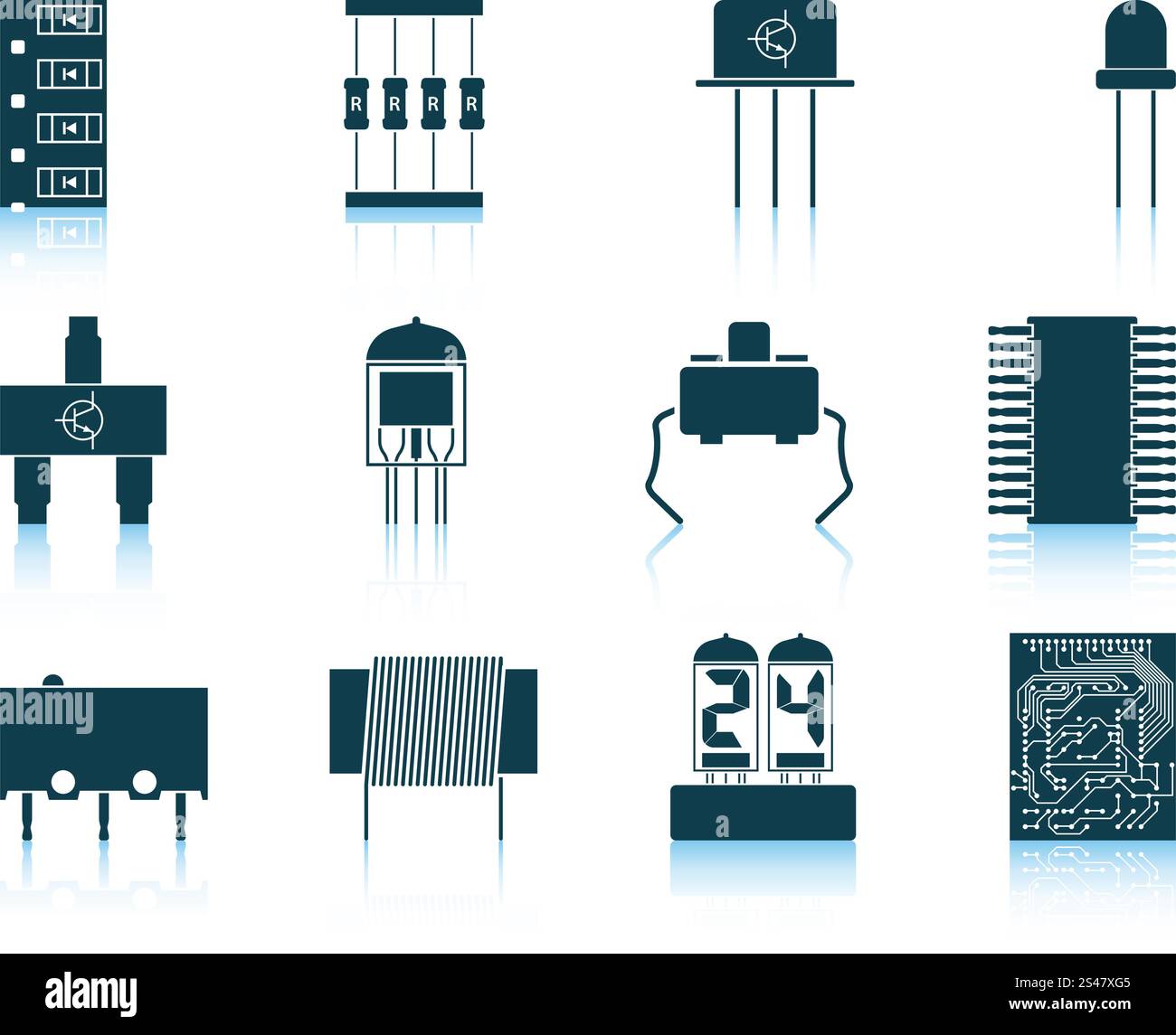 Set of twelve electronic components icons with reflections. Vector ...