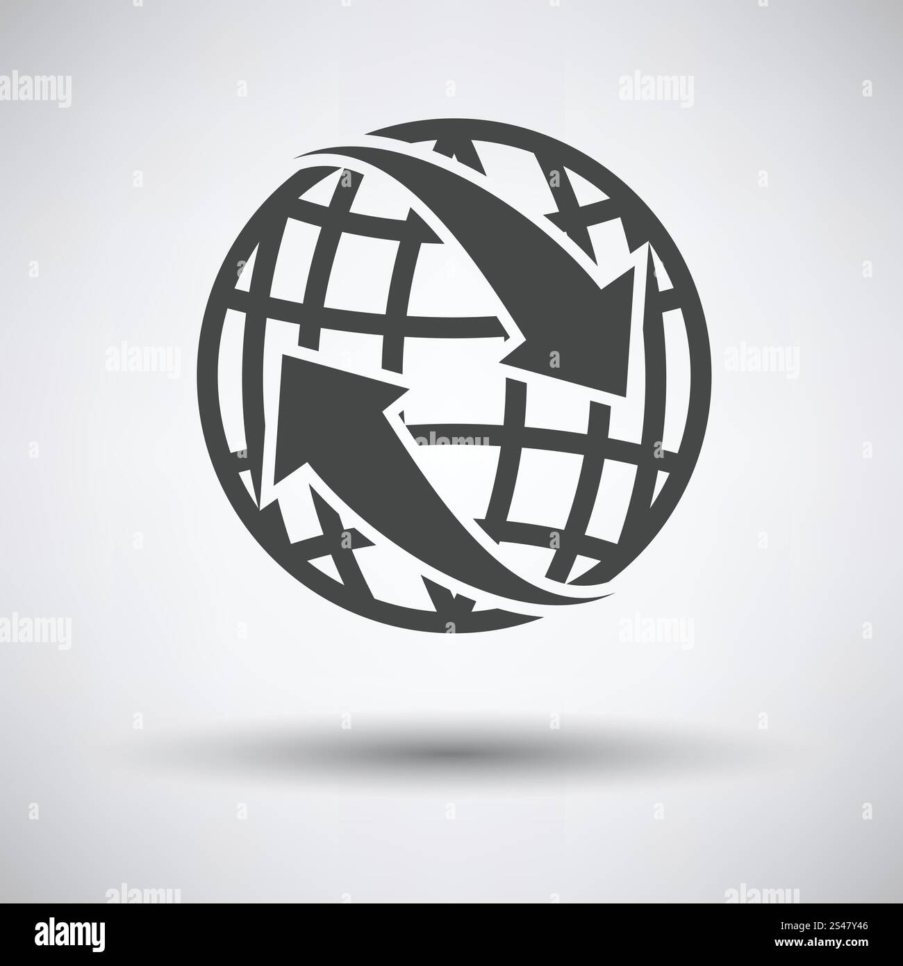 Globe with arrows icon on gray background round shadow. Vector ...