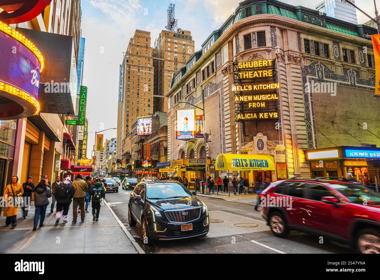 Broadway street scene with Shubert Theatre marquee advertising "Hell's ...
