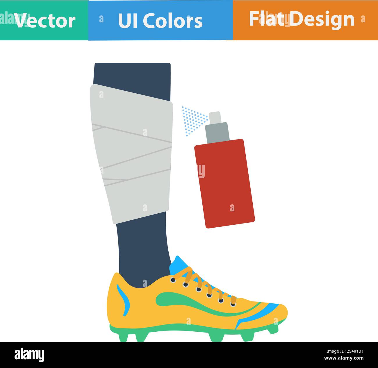Flat design icon of football bandaged leg with aerosol anesthetic in ui ...