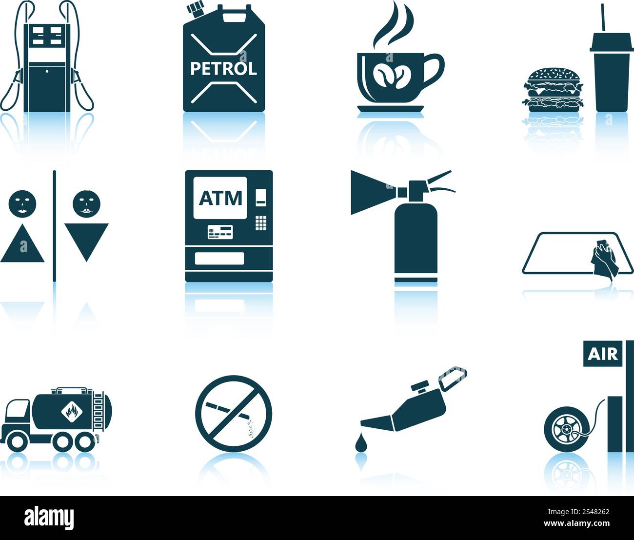 Set of twelve Petrol station icons with reflections. Vector ...