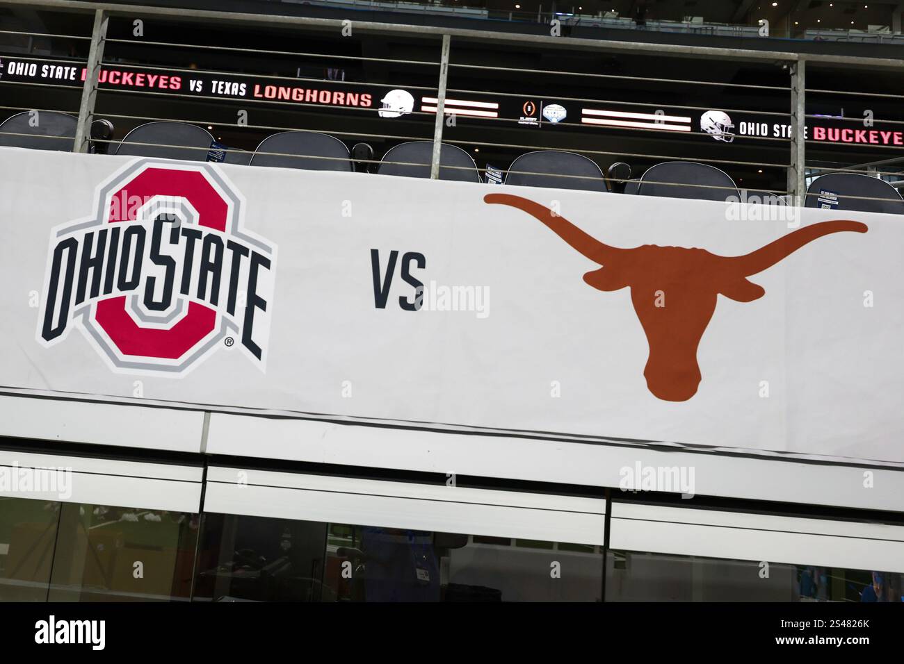 ARLINGTON, TX - JANUARY 10: The Ohio State and Texas Longhorns logos ...